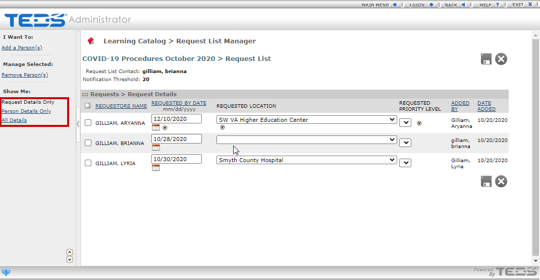 Managing a Session Request List